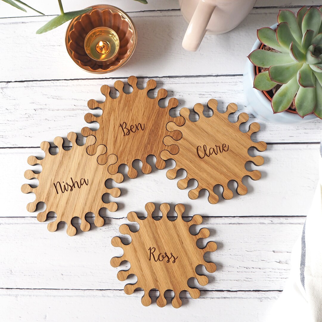 Hexagon Interlocking Wood Personalised Coasters Oak - Etsy UK