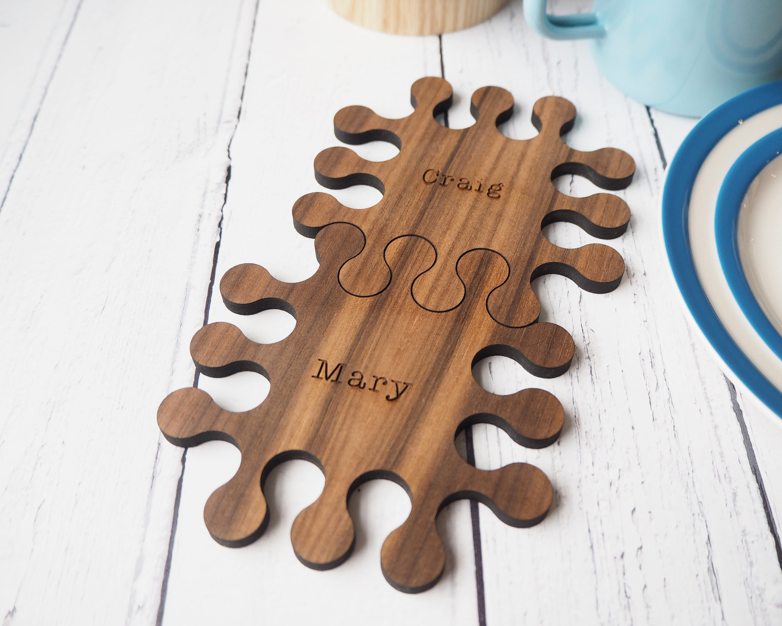 Set of Two Personalised Walnut Wooden Jigsaw Coasters | Etsy