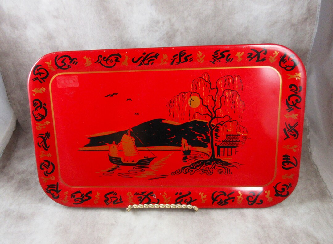 Large 18" Red Asian Inspired Metal Serving Tray - Etsy