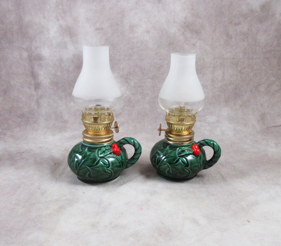 Pair of LEFTON Miniature Oil Lamps - Ceramic Finger Lamps - Holly ...