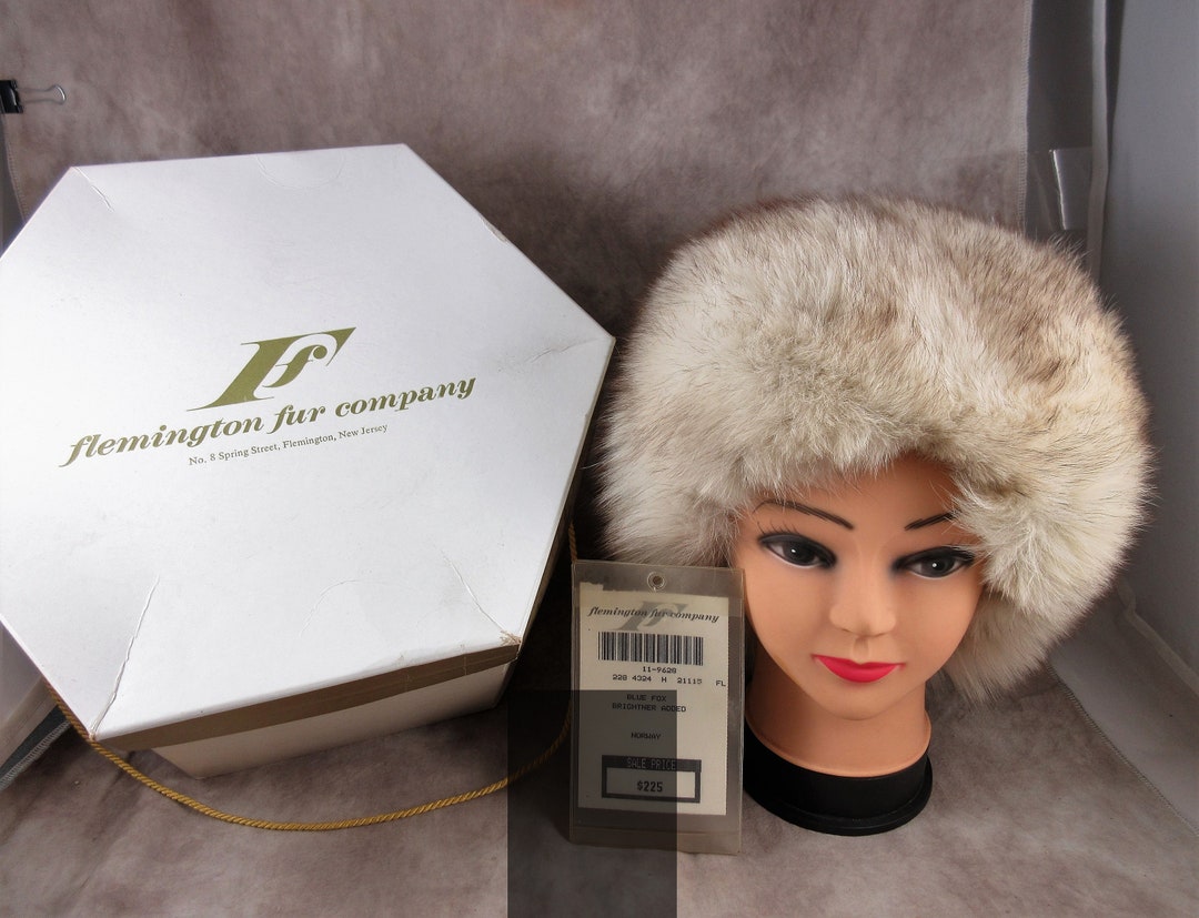 VTG Norwegian Blue Fox Real Fur Hat Flemington Fur With Hatbox and Orig ...