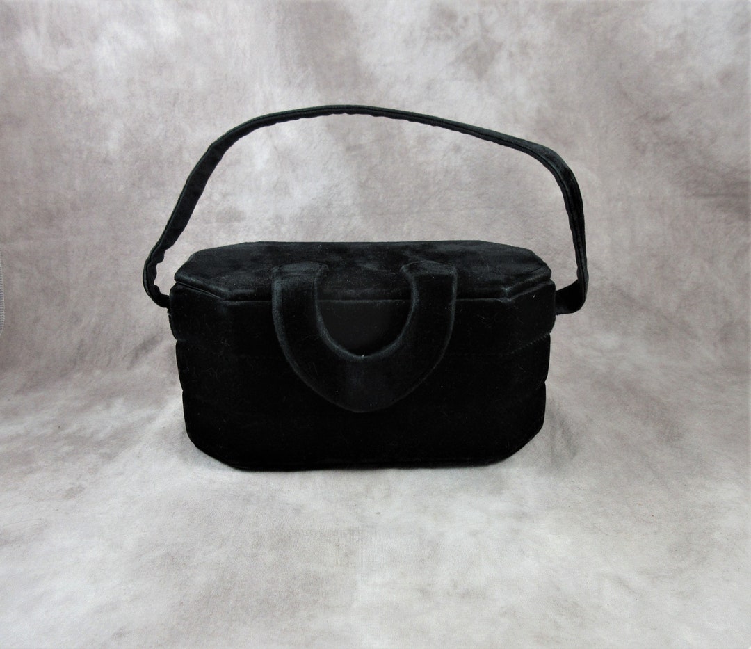 Vintage Black Velvet Box Purse Elegant Black Satin Lined Handbag ...