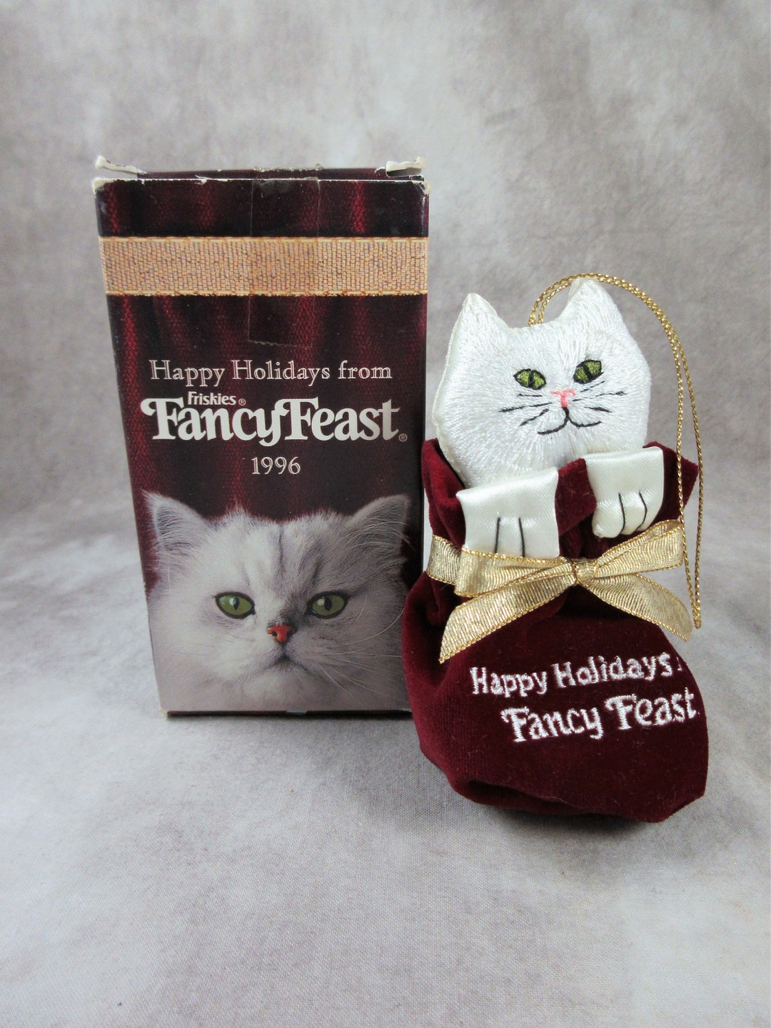1996 FANCY FEAST Velvet & Satin Cat Tree Ornament With Mailer Box Promo ...