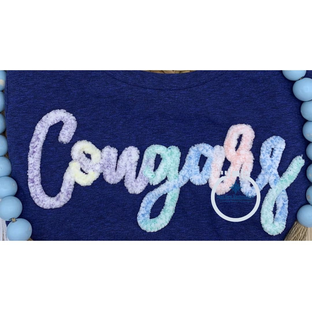 COUGARS Script Chenille Yarn Applique Design Machine Embroidery Three Sizes 8x8, 6x10 and 7x12 ...