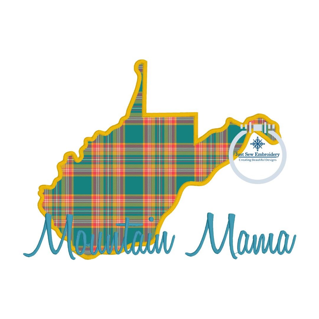 WV State Applique Embroidery Machine Design With Mountain Mama Satin ...