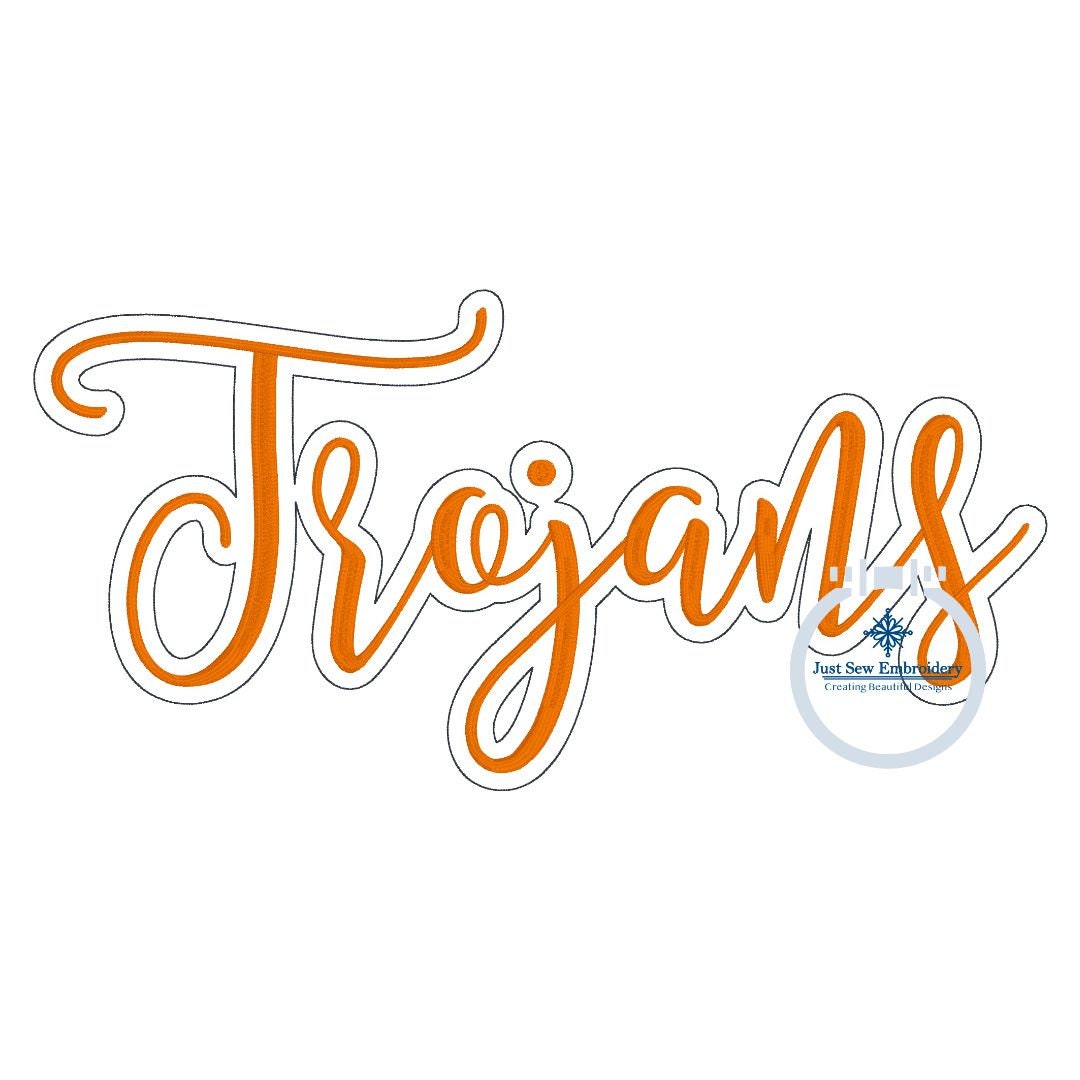 TROJANS Script Embroidery Design Satin Stitch With Bean Outline Four ...