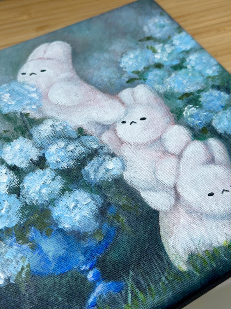 Bunny Hydrangea Garden Painting – Original Acrylic Canvas Art, 8x8 - Etsy