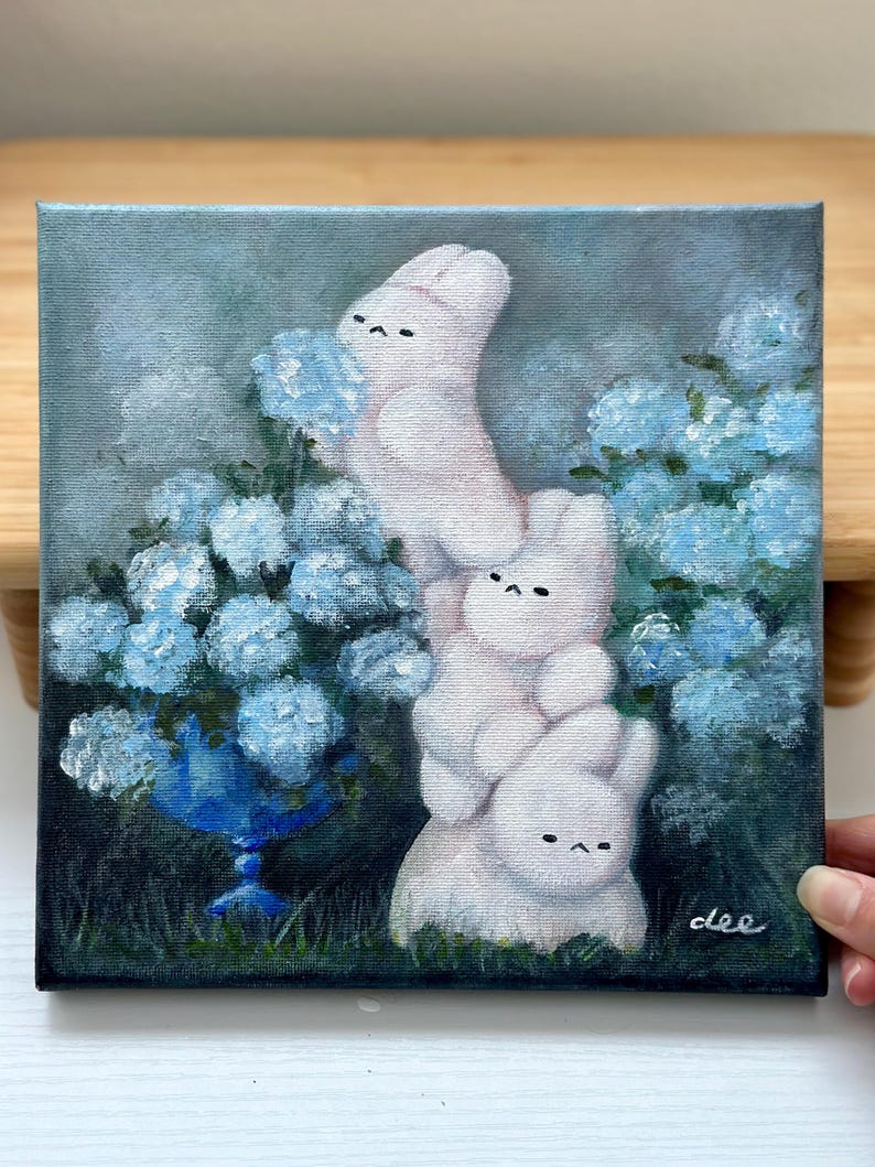 Bunny Hydrangea Garden Painting – Original Acrylic Canvas Art, 8x8 - Etsy