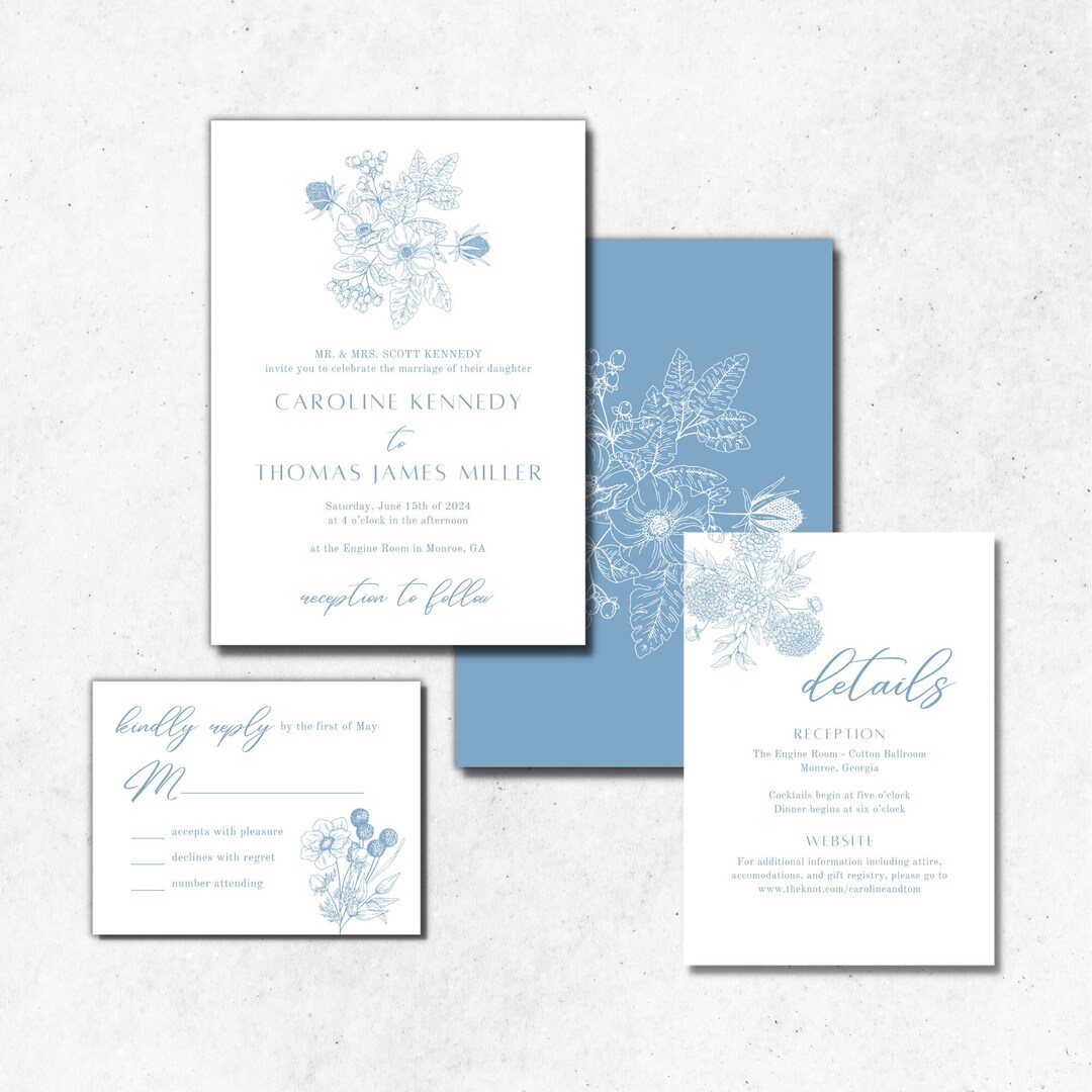 Vintage Blue Floral Wedding Invitation Template Dusty Blue - Etsy