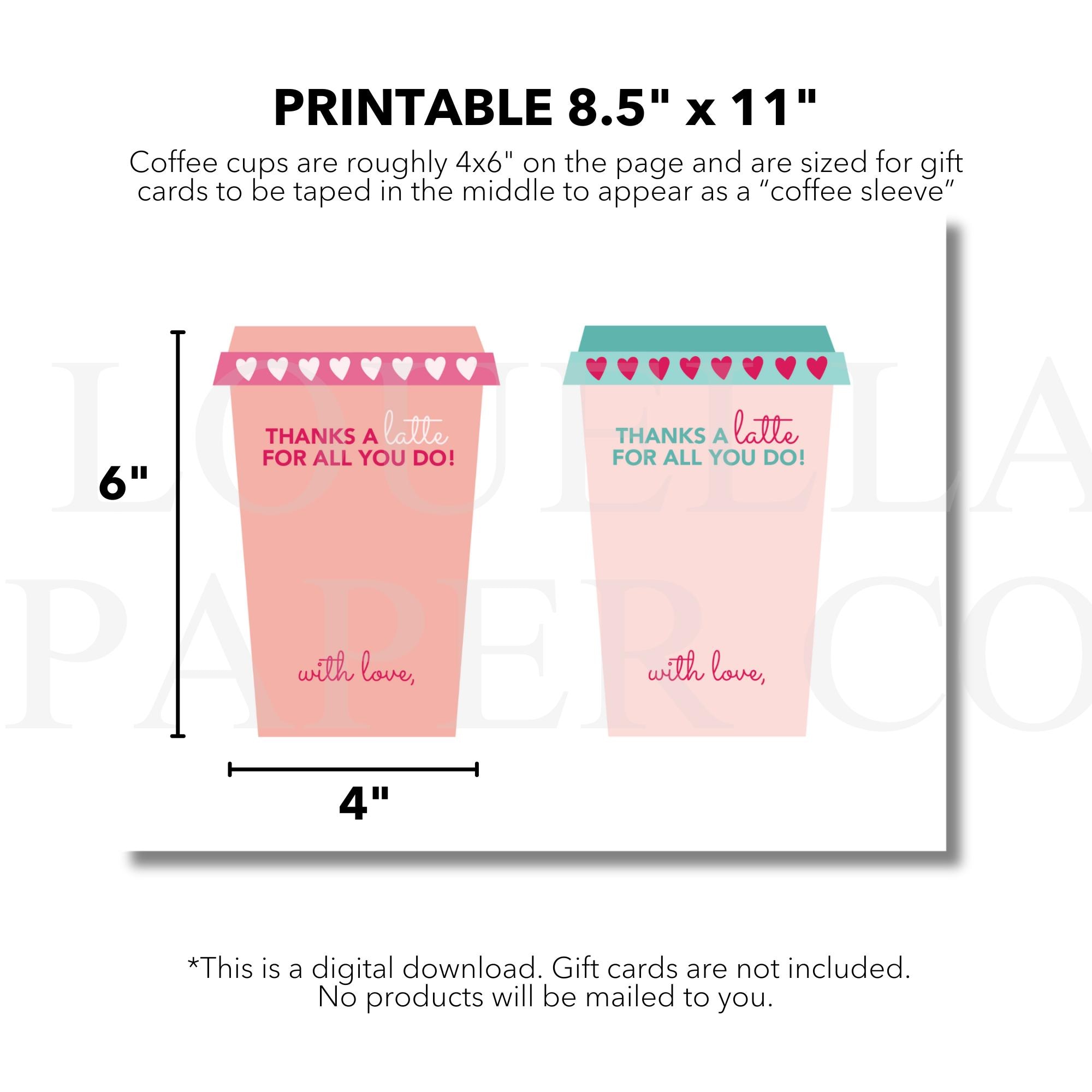 Thanks a Latte Printable Cards for Coffee Gift Card Holders | Thank You ...