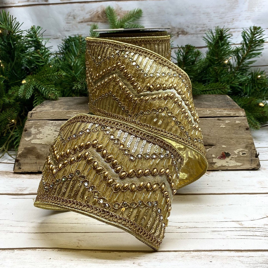 Designer Platinum Clear & Gold Jewels Double Chevron Pattern Dupion ...