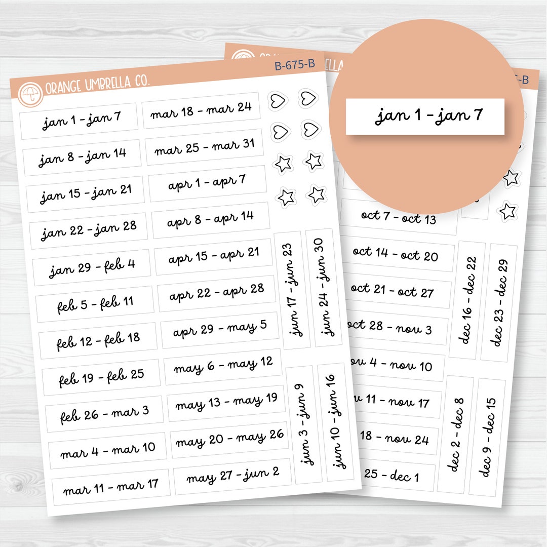 Weeks Dates 2024 Planner Stickers Monday Start F16 Script B-675/B-676-B ...