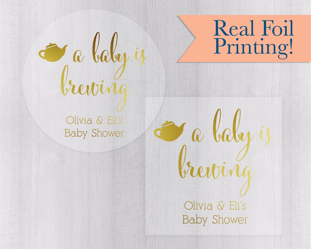 A Baby is Brewing Stickers, Gold Foil or Color Foil Baby Shower Clear ...