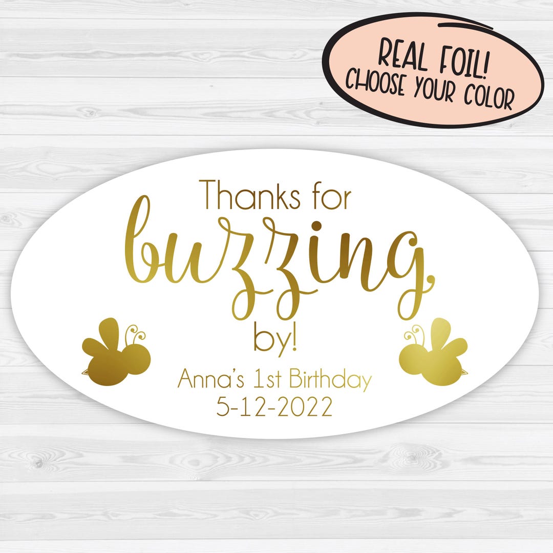Thanks for Buzzing By Birthday Thank You Sticker Glossy Foil Birthday ...