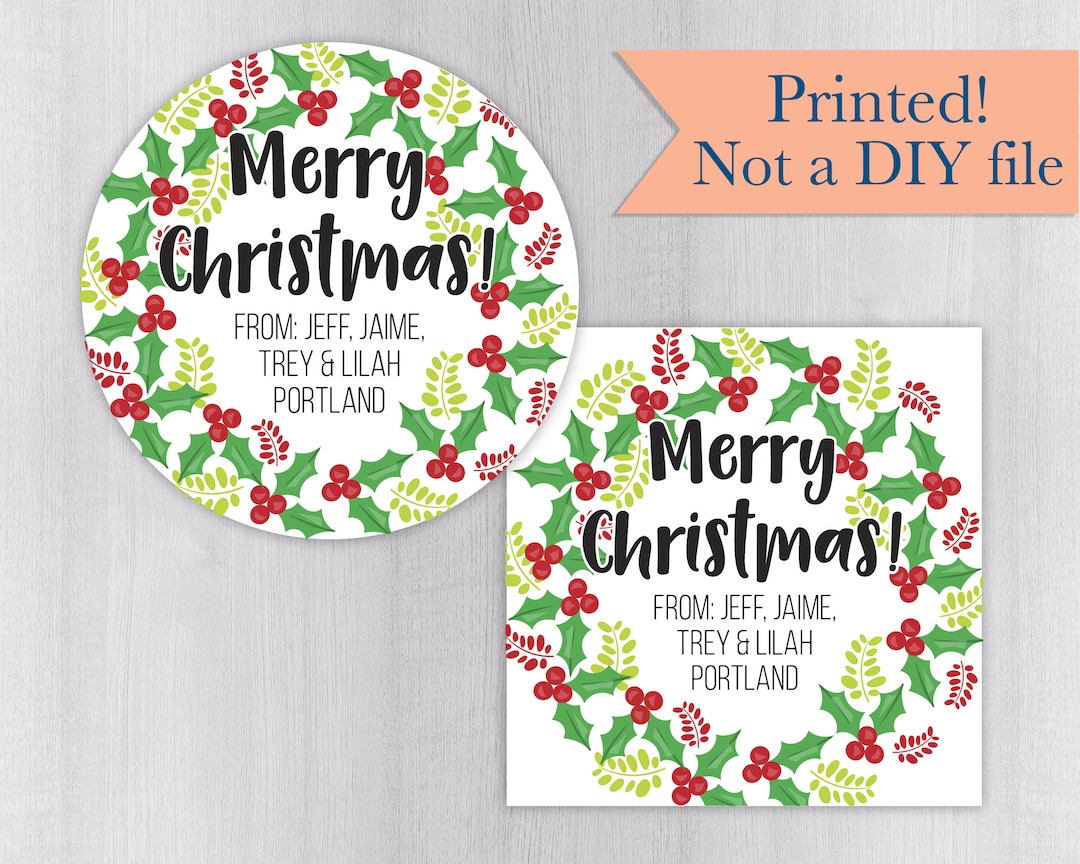 Christmas Wreath Gift Wrap Sticker, Christmas Favor Stickers, Merry ...