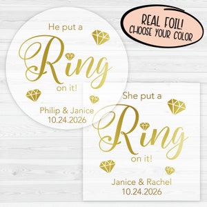 Real Gold Foil He or She Put a Ring on It | Custom Engagement Stickers ...