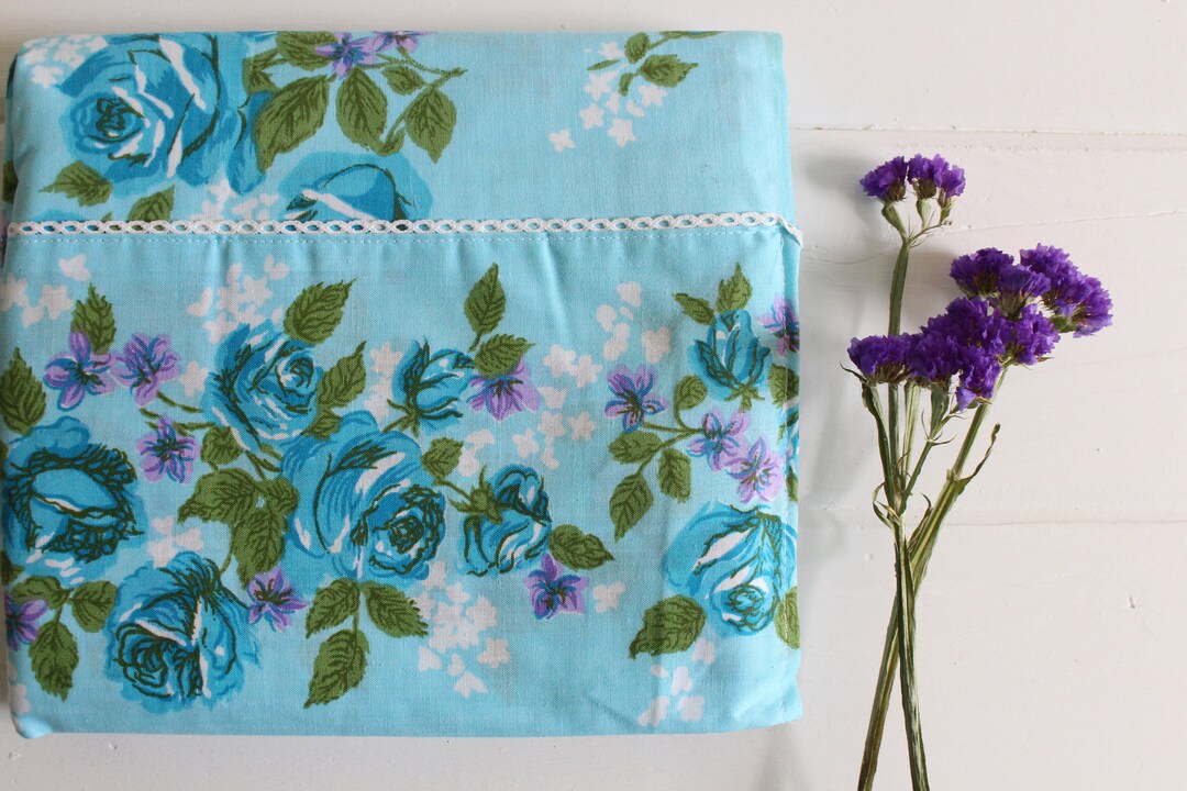 Vintage Blue Rose Twin Flat Sheet, Blue Flowers Top Sheet, Cannon ...