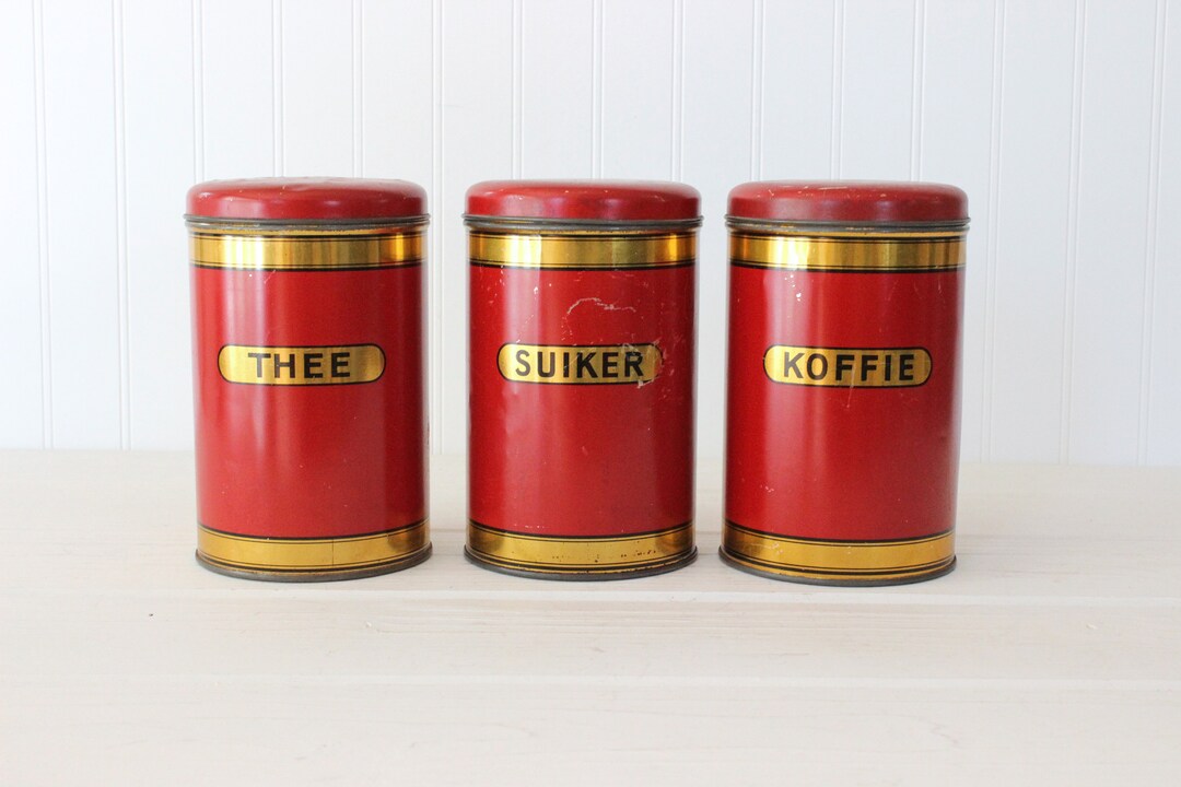 Vintage Dutch Kitchen Canisters, Red and Gold, Koffie, Suiker and Thee ...