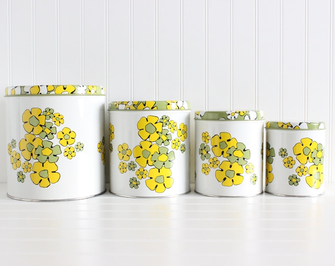 Vintage Yellow Green Flower Kitchen Canisters, Nesting Kitchen Jars ...
