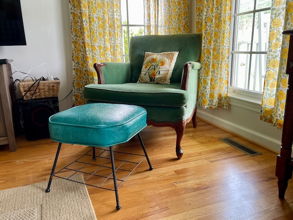 Mid Century Modern Turquoise Footstool Vinyl Footrest Black Metal Magazine Rack Ottoman 1960s Vintage Furniture Etsy