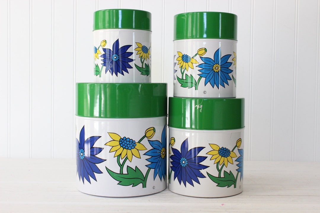 Vintage Blue and Green Floral Kitchen Canisters, Flower Kitchen ...