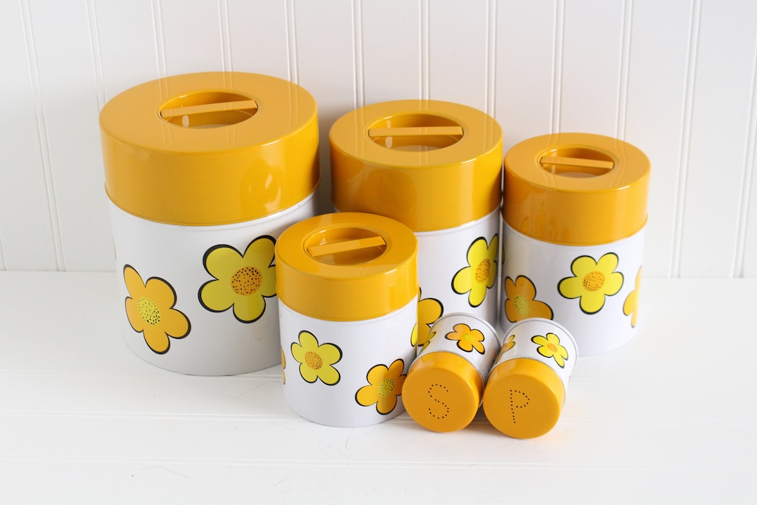 Vintage Orange Flower Kitchen Canisters, Flower Power Yellow Orange ...