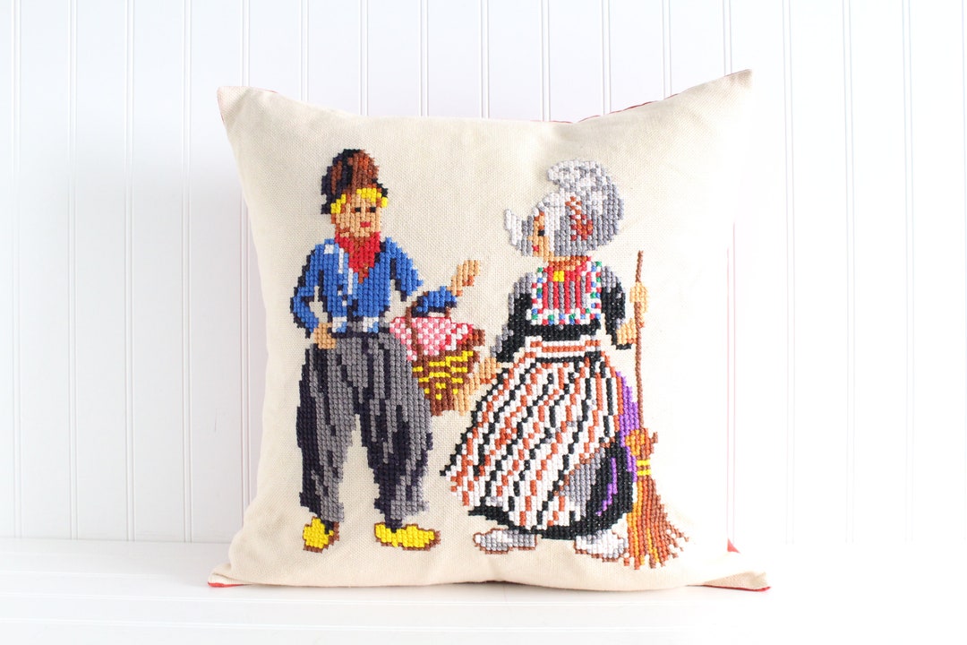 Vintage Dutch Cross Stich Pillow, Needlepoint Needlework, Traditional ...