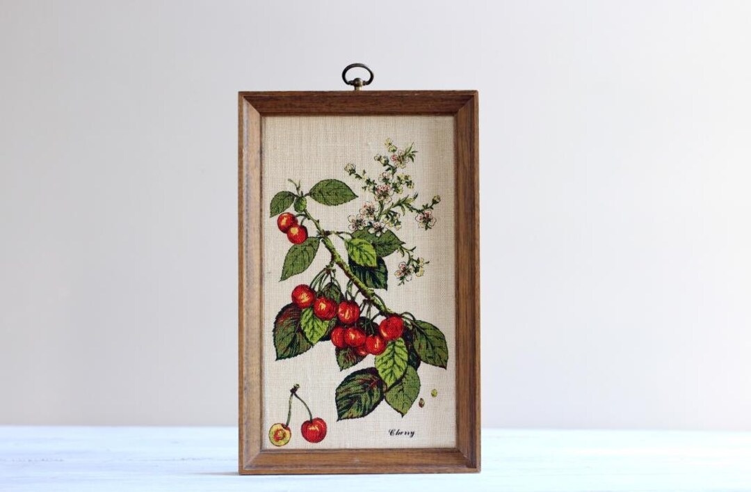 Vintage Cherry Picture, Framed Printed Fabric, Cherries Picture Wall ...