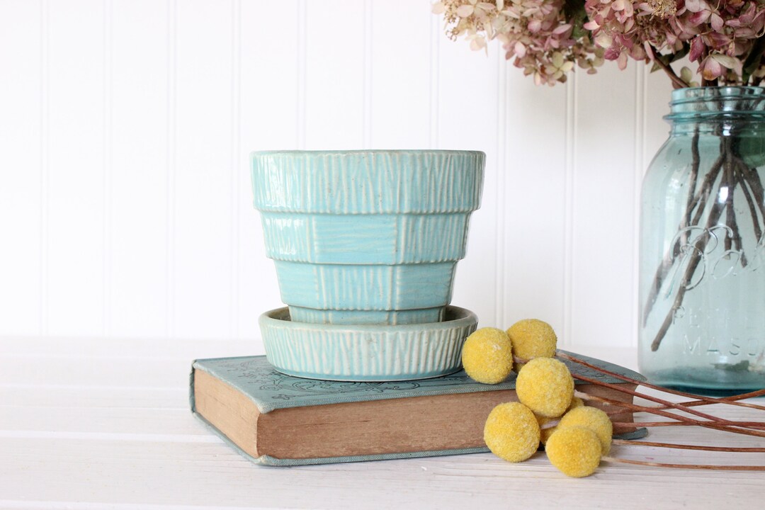 Vintage Turquoise Mccoy Pottery Planter, Basketweave, Mid Century ...