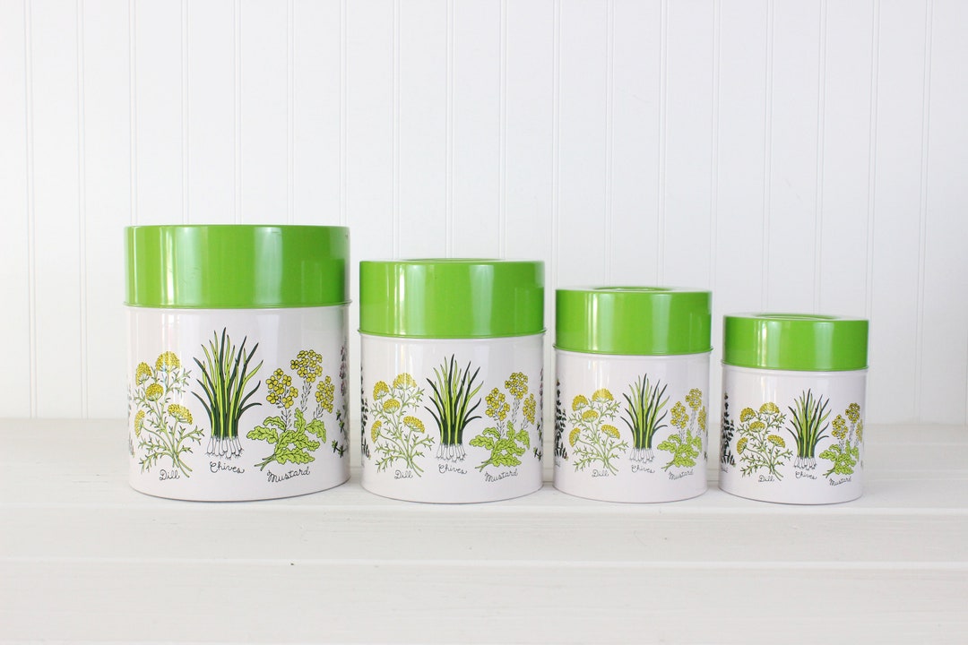 Vintage Flower Kitchen Canisters, Green Herbs Floral Nesting Kitchen ...