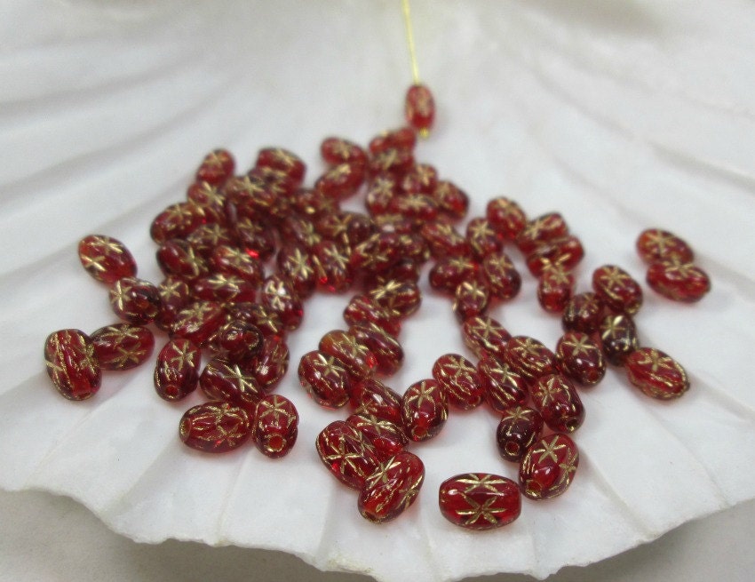 Siam Red Czech Glass Rice Beads With Gold Embossed Star 8mm(25) - Etsy