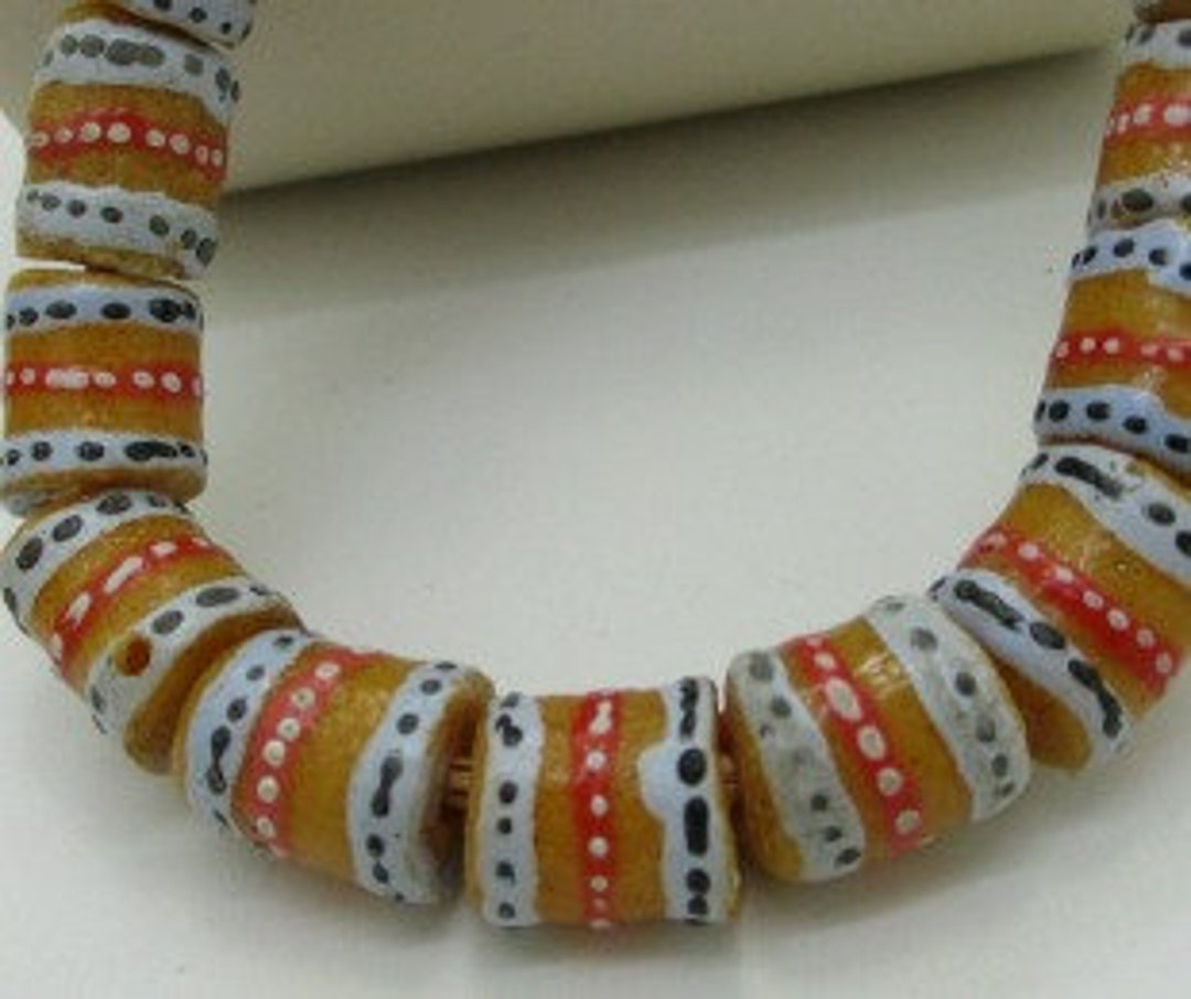 Orange African Glass Bead, Fat Tube Bead, Hand Painted Bead, Ethnic ...