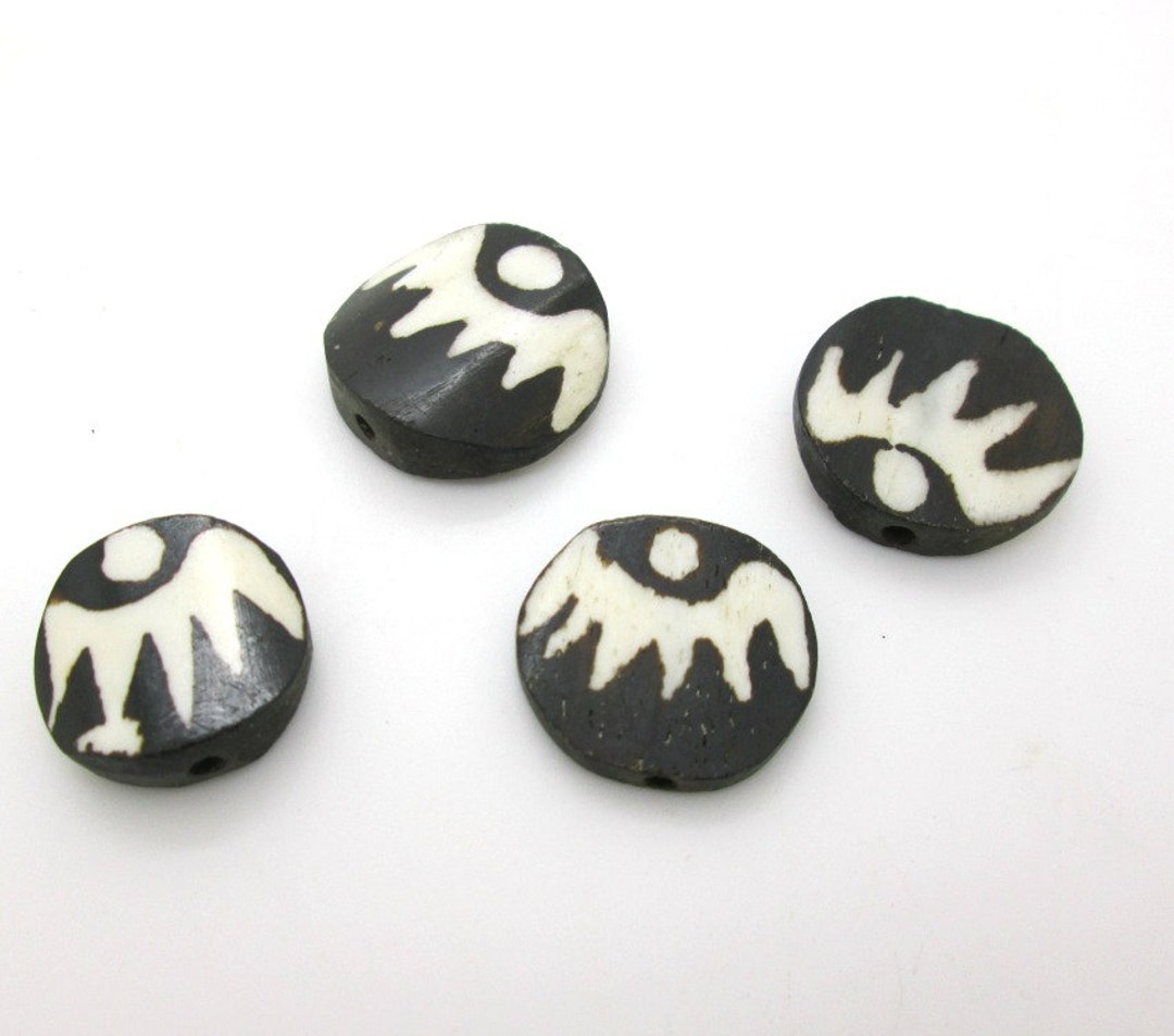 Carved Batik Bone Disc Bead, Tribal Black and White Bead, Kenya Bone ...