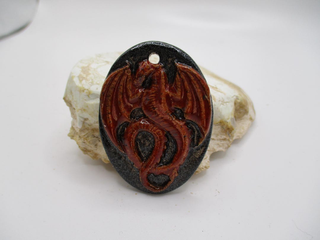 Dragon Pendant, Oval Dragon Pendant, Red Black Dragon, Clay Dragon ...