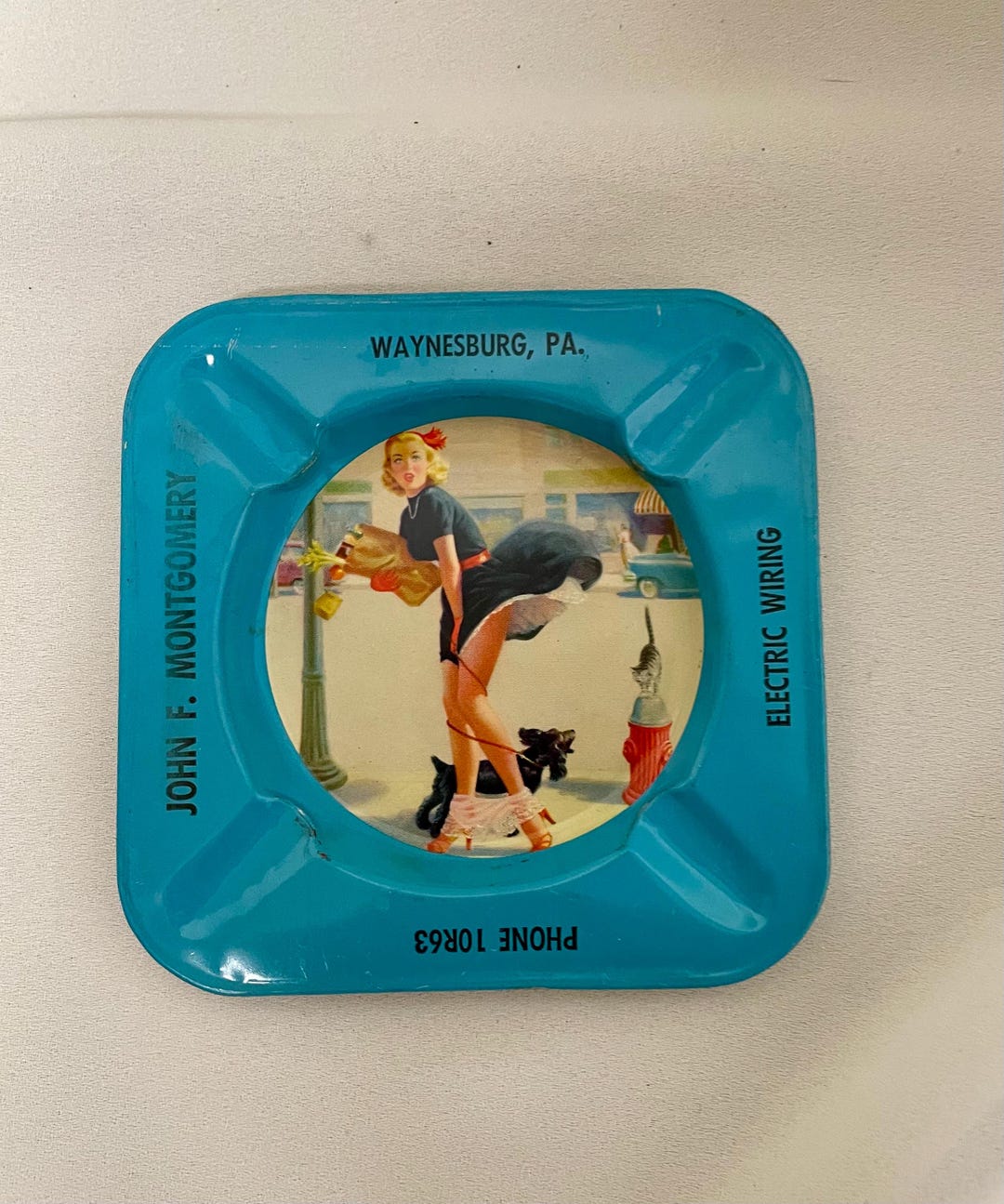 Vintage 1950s Pin-up Girl Ashtray Ash Tray Lightweight Tin Blue Risque ...