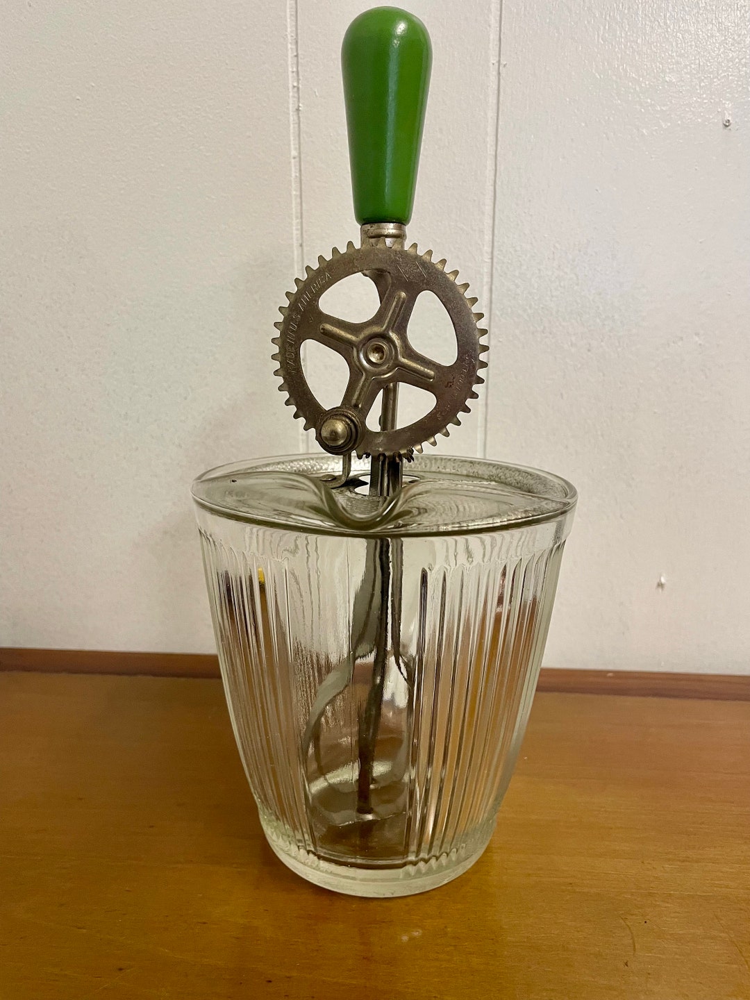 Antique Hand Mixer With Measuring Bowl Pitcher 1920s A&J Green Handle ...