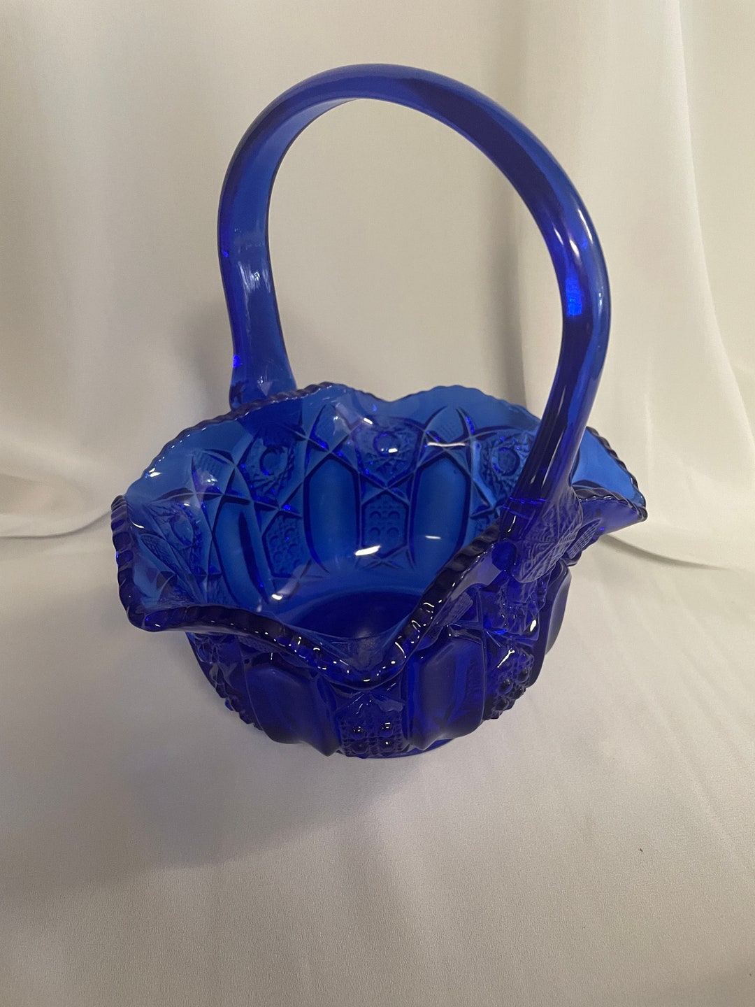 Vintage LE Smith Quintec Cobalt Blue Glass Basket S Mark 1970s Deep ...