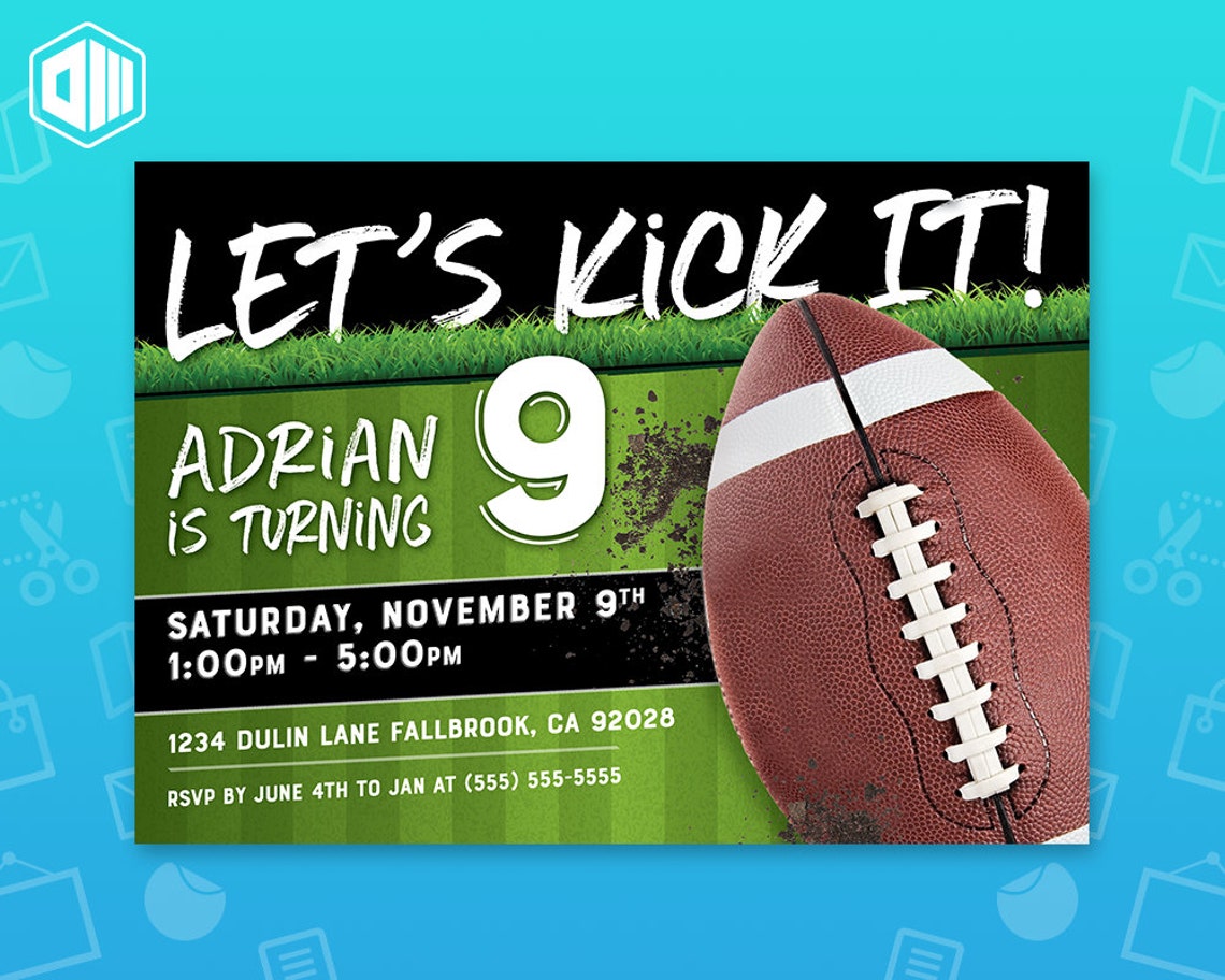 Football - Touchdown! Let's Kick It! Birthday Invitation | 5x7 or 4x6 ...