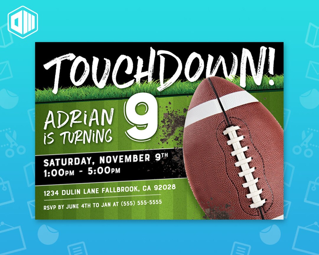 Football - Touchdown! Let's Kick It! Birthday Invitation | 5x7 or 4x6 ...