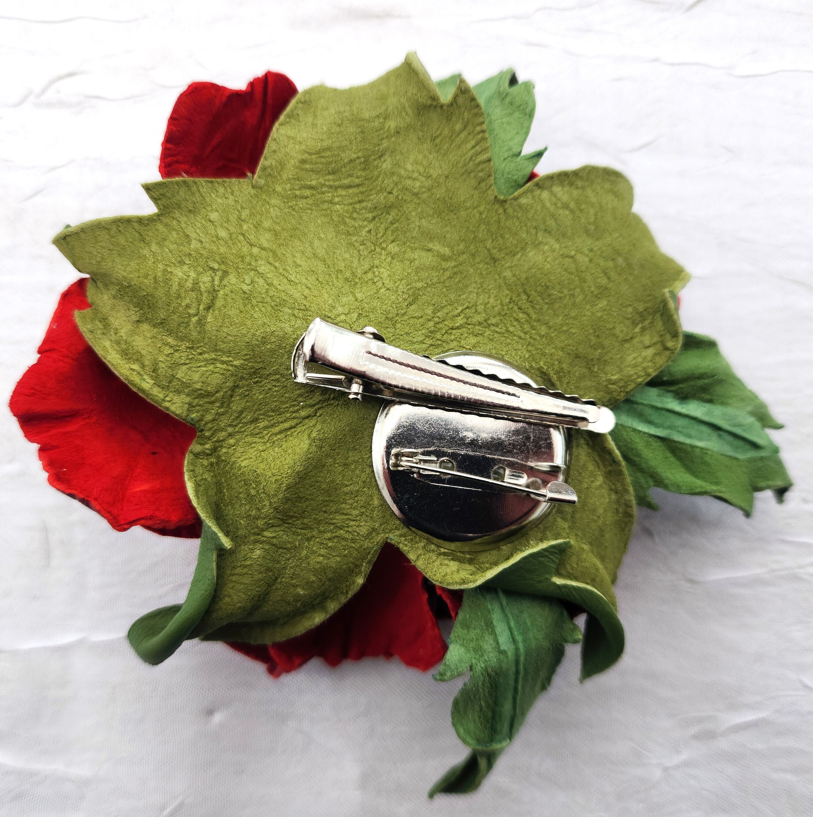 Red Fantasy Rose Flower Leather Brooch. - Etsy