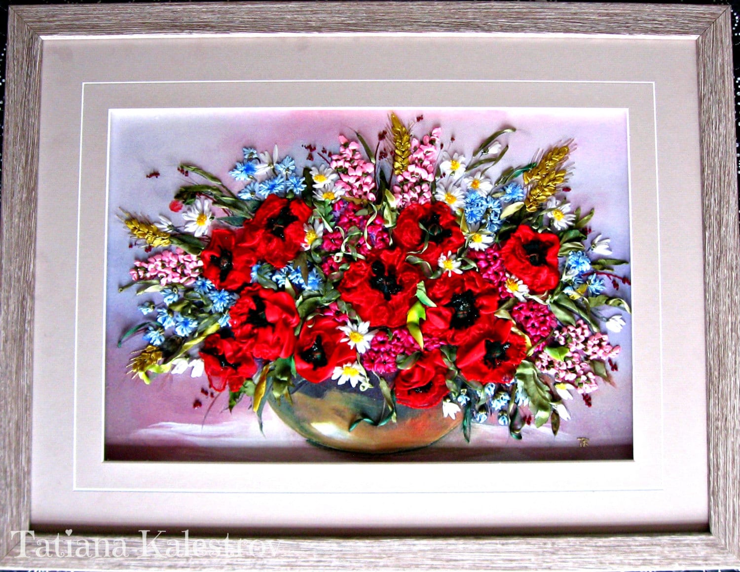 Silk Ribbon Embroidery Artwork "poppy Flowers in Vase" - Etsy