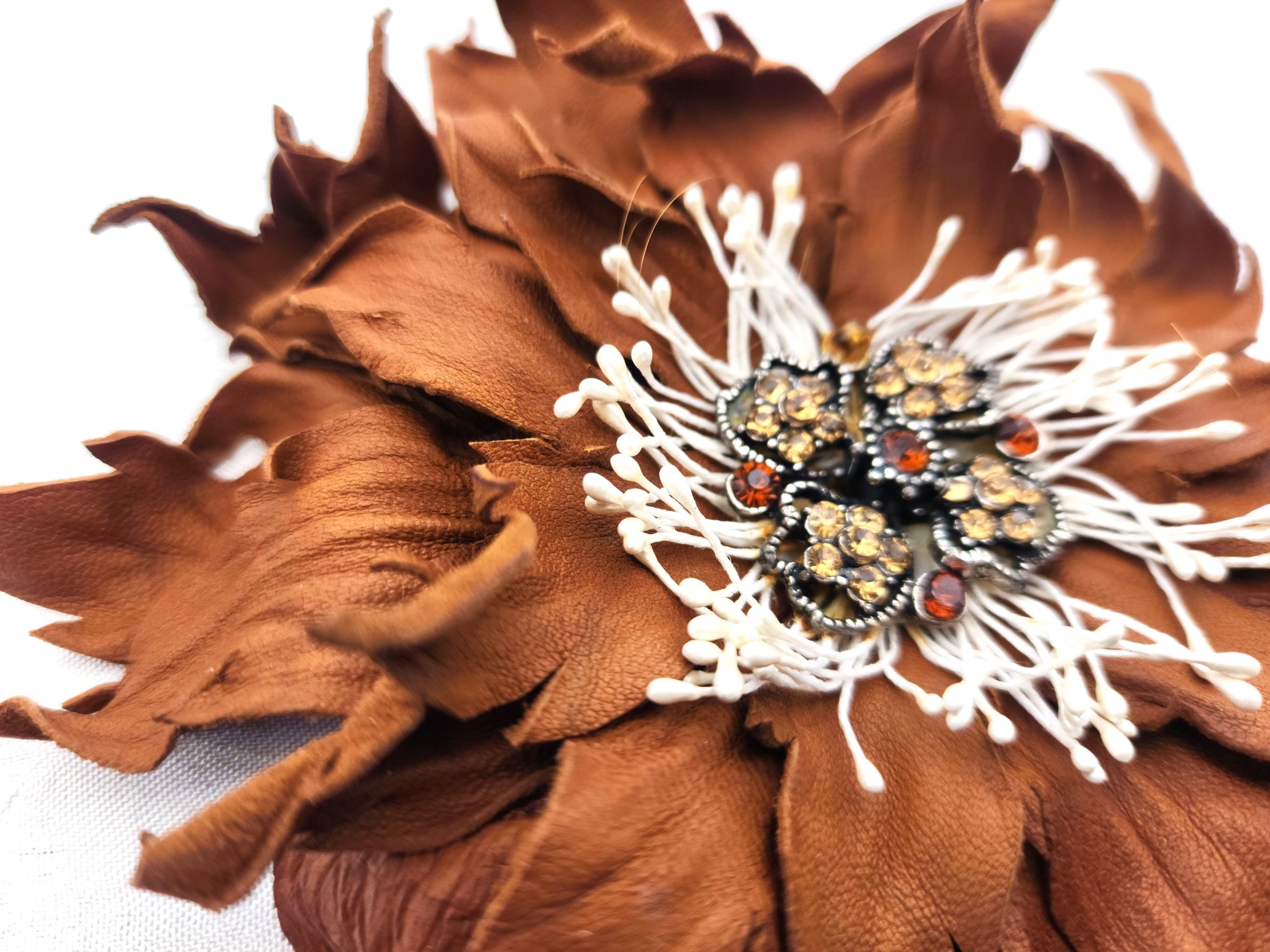 Brown Fantasy Flower Leather Brooch. - Etsy