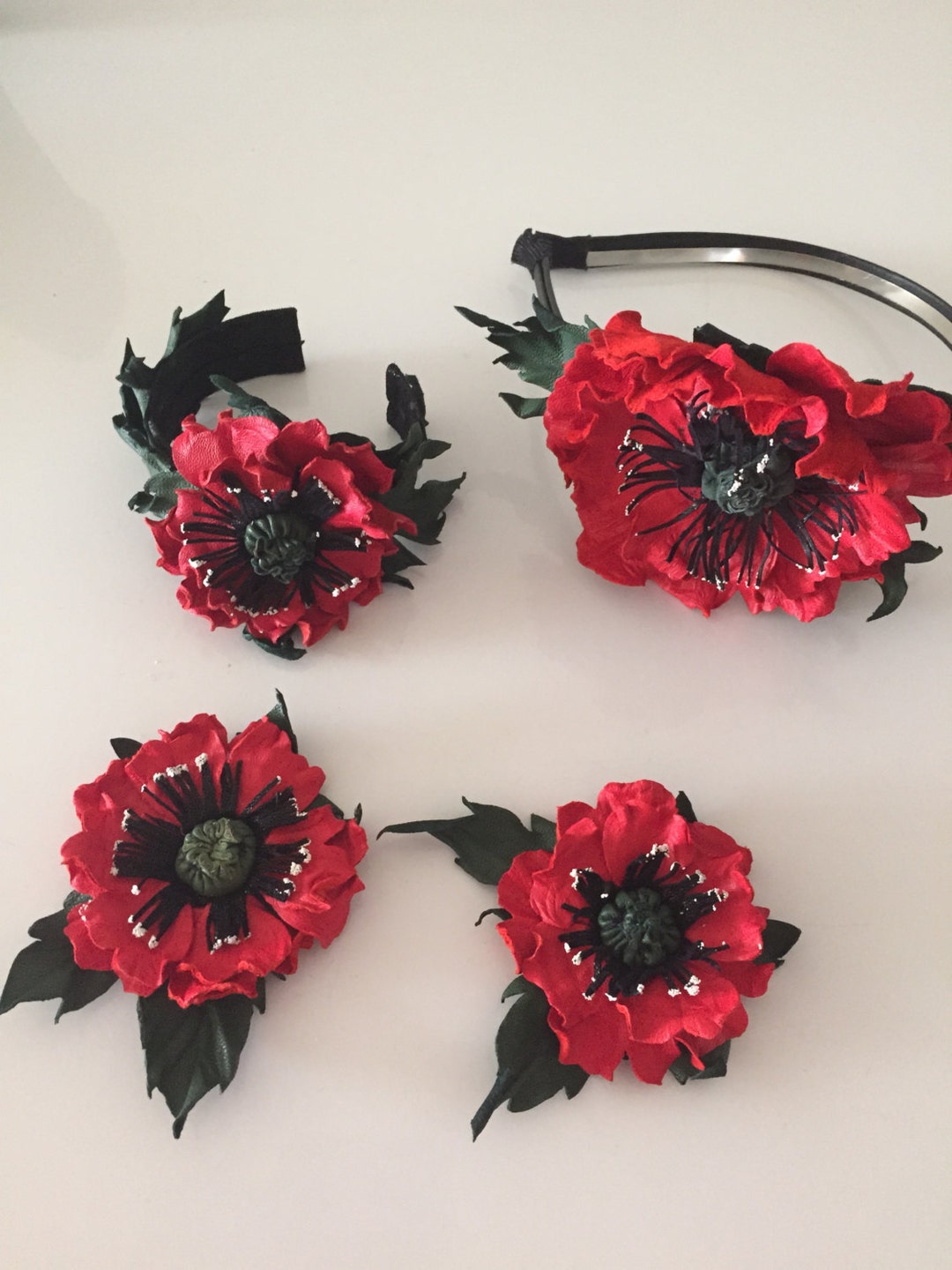 4 Pc. Fantasy Red Poppy Flower Matching Leather Accessory Set ...