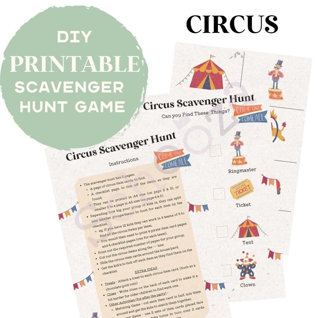 Circus Scavenger Hunt for Kids - Circus Party Scavenger Hunt Printable ...