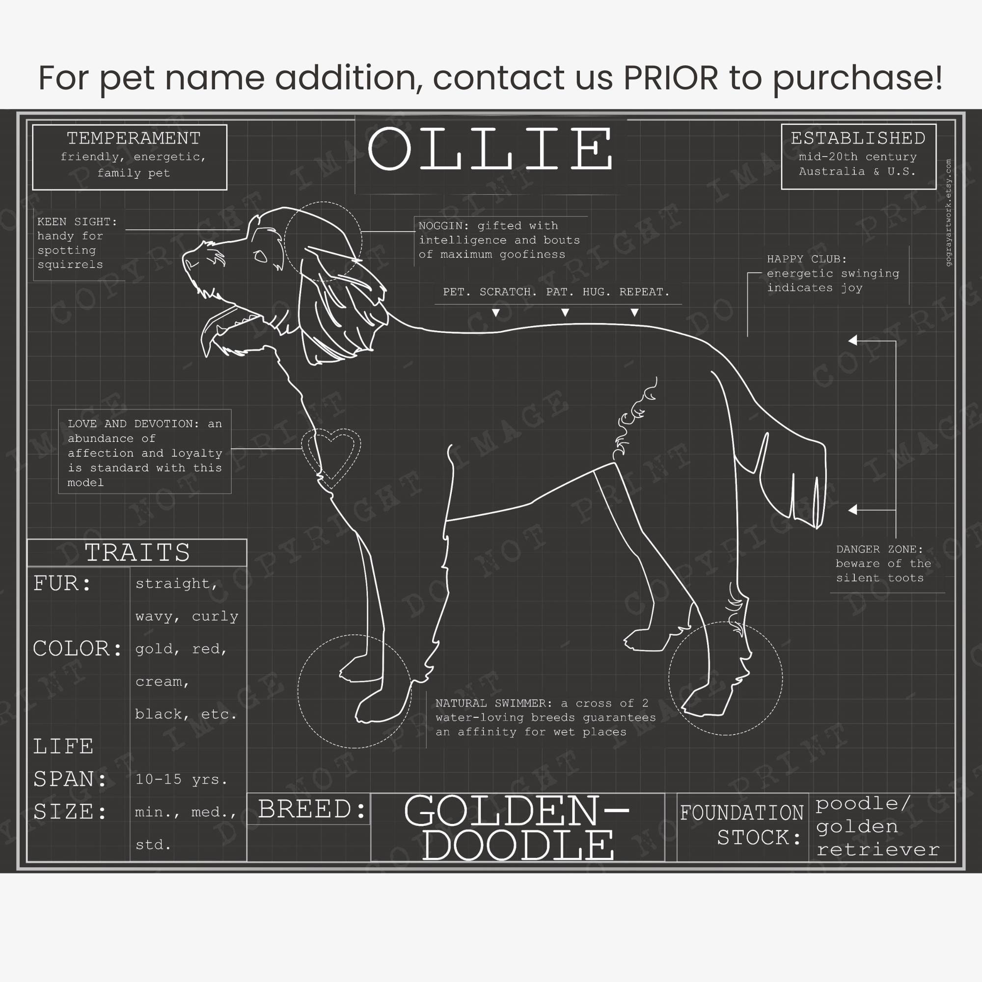 Goldendoodle Blueprint Art Print: Funny Dog Breed Portrait (digital ...