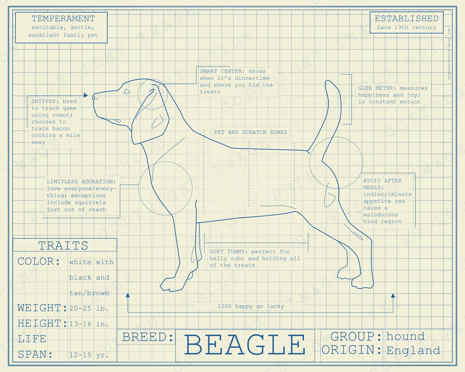 Dog Breed Blueprint Custom Pet Portrait Beagle Puppy Poster | Etsy