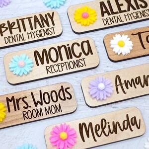 Personalized Engraved Flower Name Tag, Magnetic Wood Name Badge ...