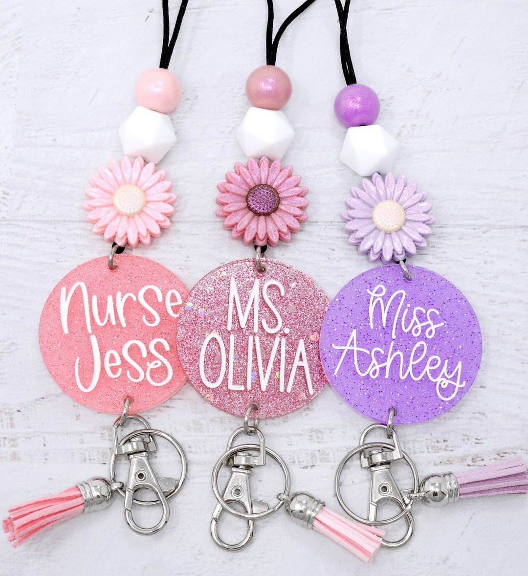 Pearlescent Daisy Personalized Teacher Lanyard, Engraved Teacher ...
