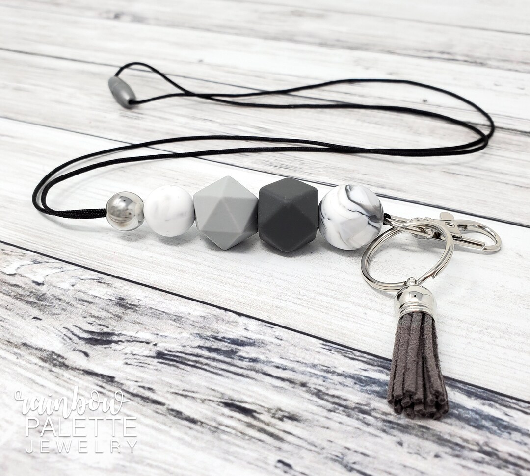 Gray Ombre Marble Lanyard, Silicone Beaded Lanyard, Teacher Gift, Badge ...