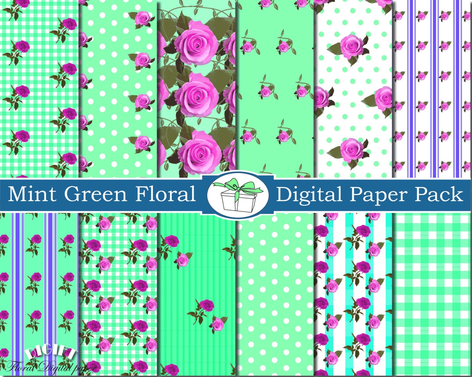 Mint Green Flower Scrapbook Paper Decoupage Shabby Chic Digital Paper ...